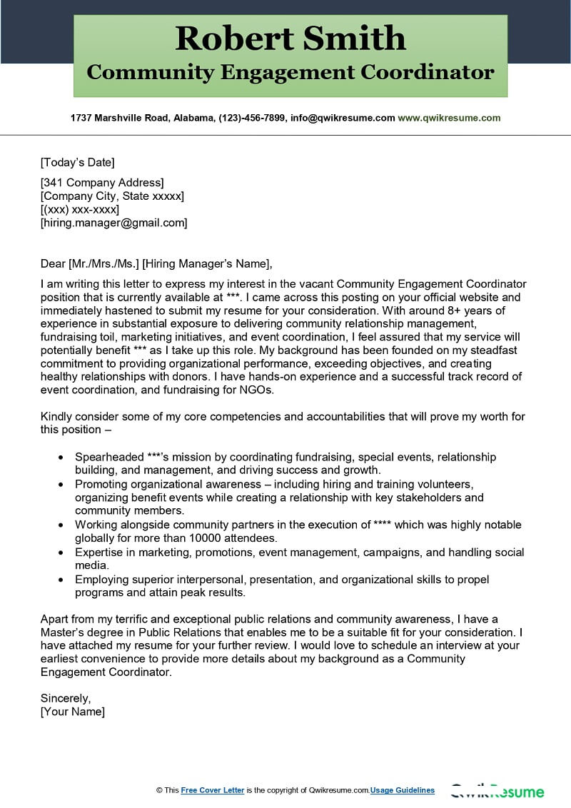 Community Engagement Coordinator Cover Letter Examples QwikResume
